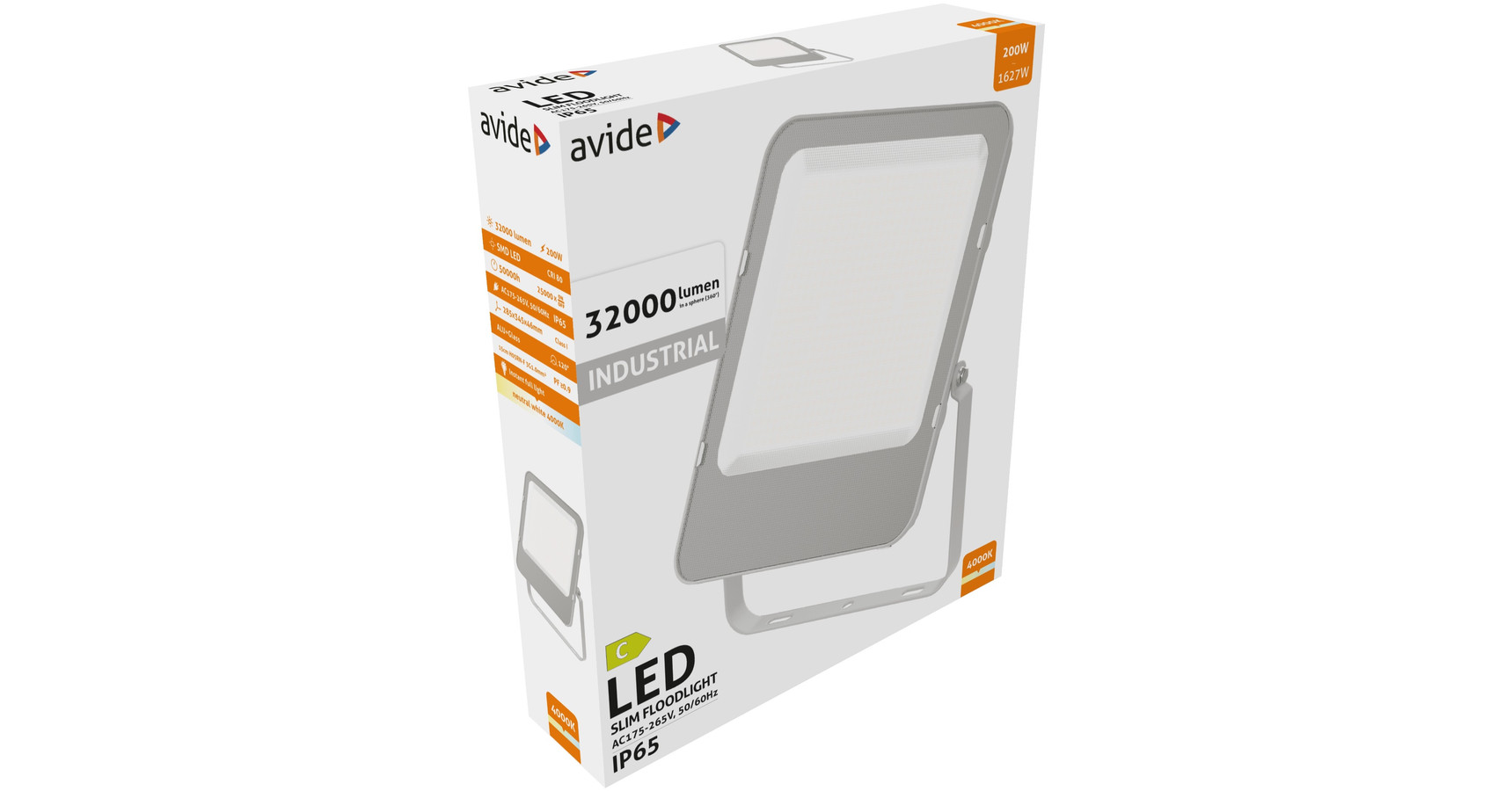 Avide LED Ipari Reflektor, 4000K, 200W, 32000 lumen, SMD, IP65 160lm/W