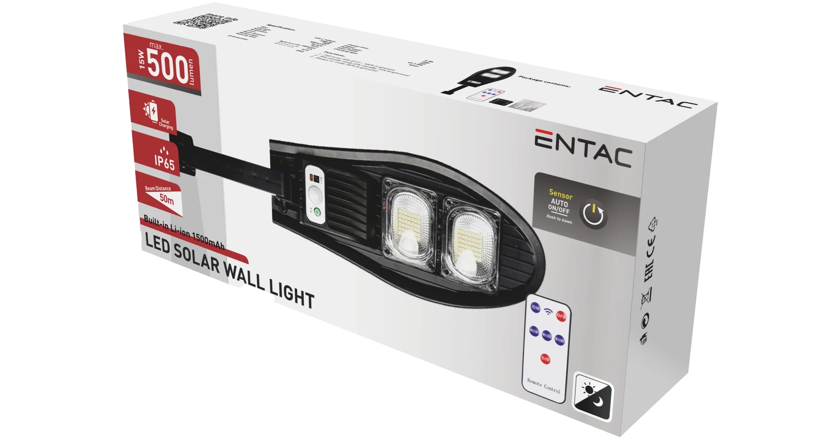 Entac Napelemes Led utcai lámpa mozgásérzékelővel (fekete ház ,500Lumen)