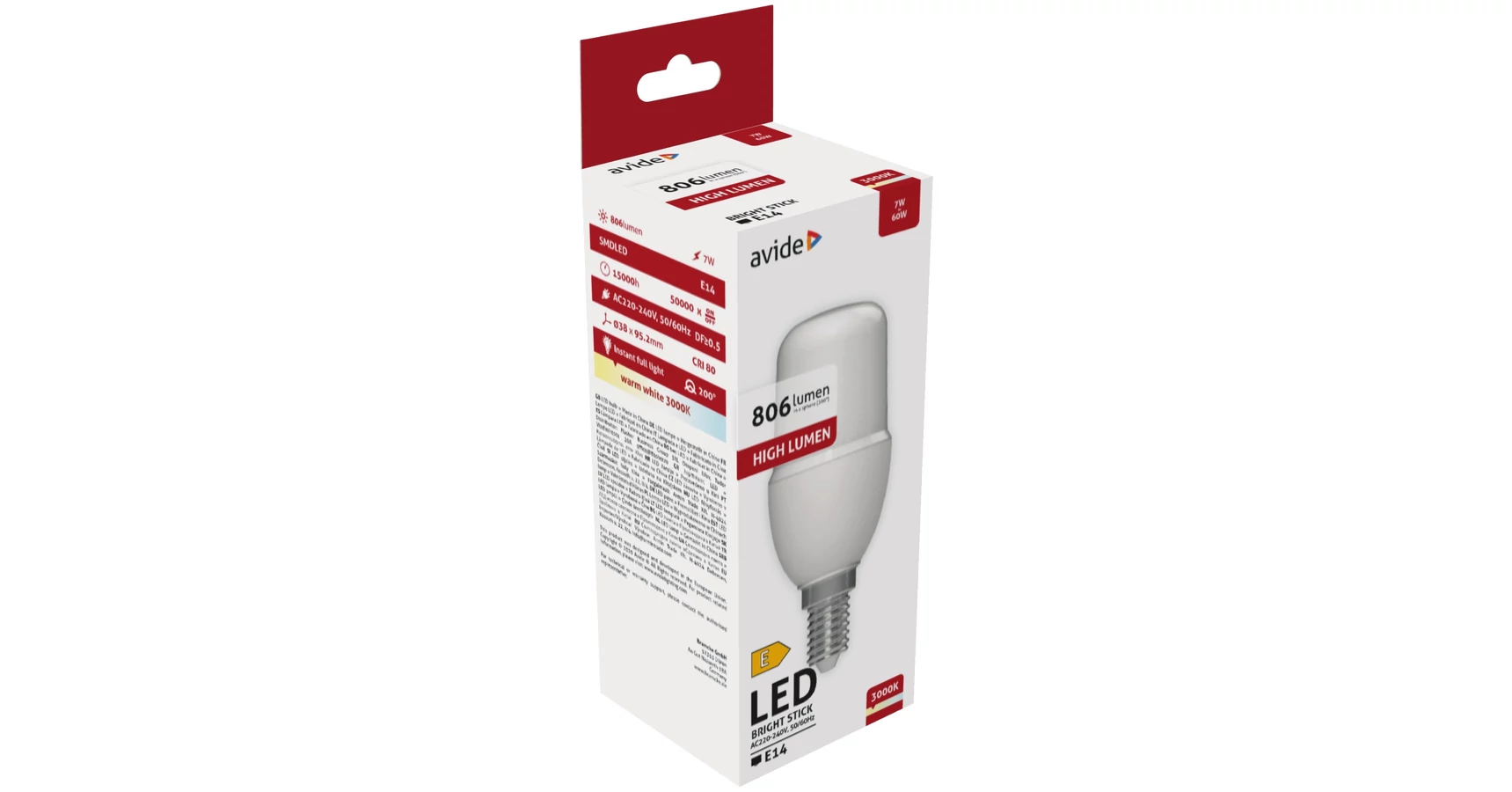 Avide LED Bright Stick izzó, T37, 7W, E14, WW, 3000K, 806 lumen