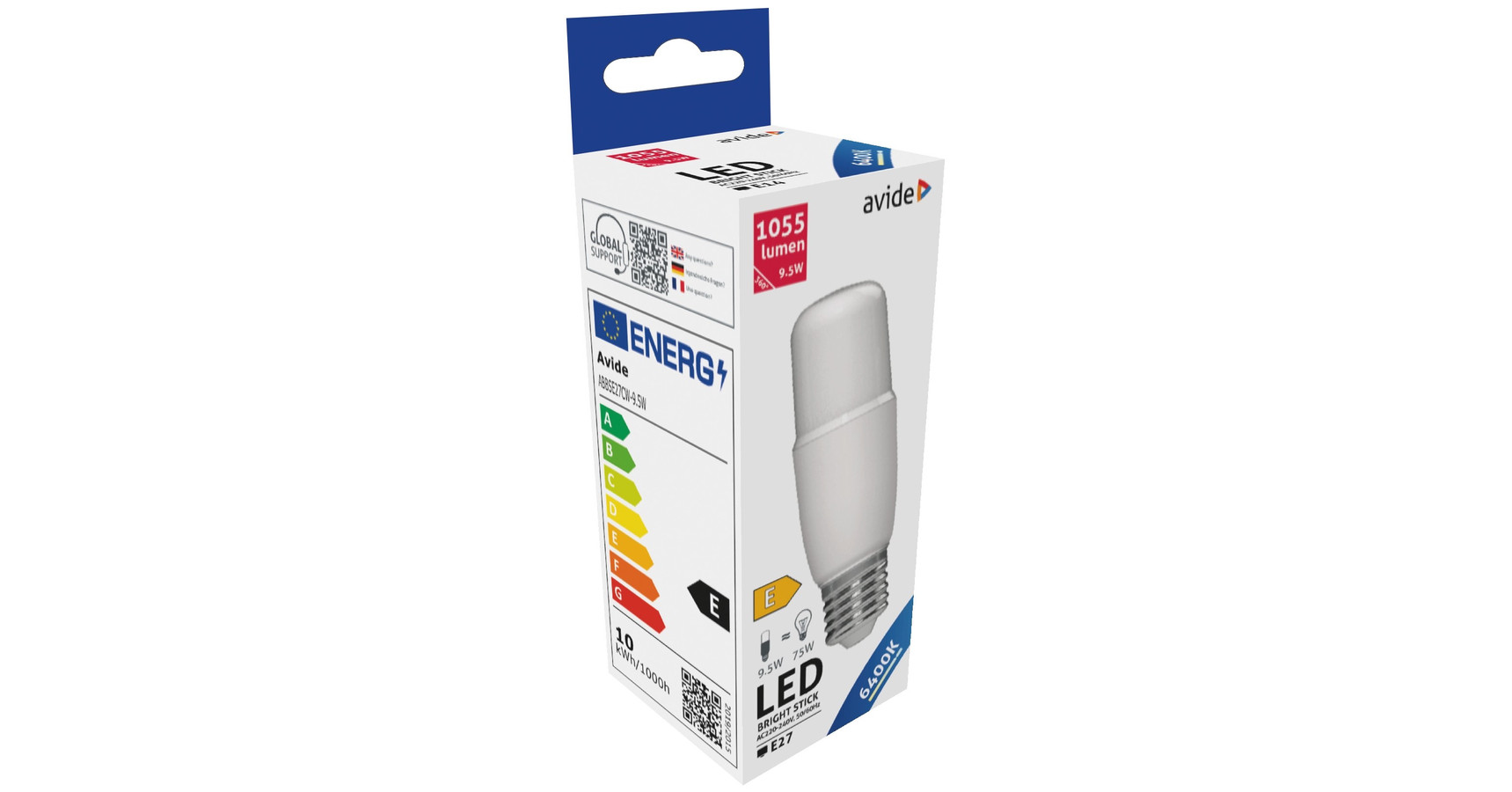 Avide LED Bright Stick izzó, T37, 9,5W, E27, CW, 6400K, 1055 lumen