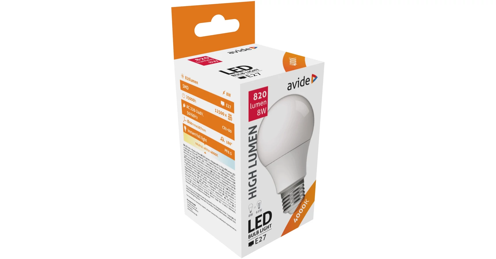Avide LED Globe A60 8W E27 lámpa, természetes fehér, NW, 4000K, 806 lumen