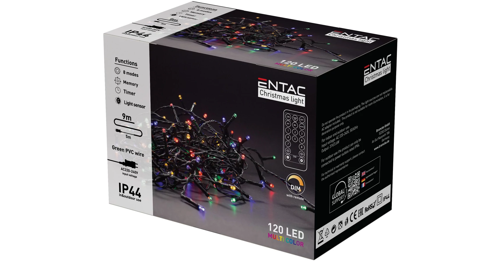 Entac Karácsonyi LED fényfüzér, multicolor, IP44, 9m, távirányítóval