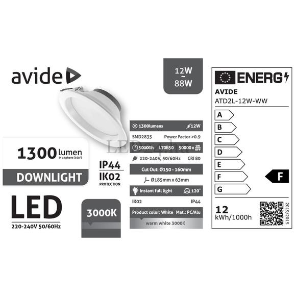 Avide LED Downlight 12W , kör, beépíthető LED mélysugárzó, 1300 Lumen, IP44