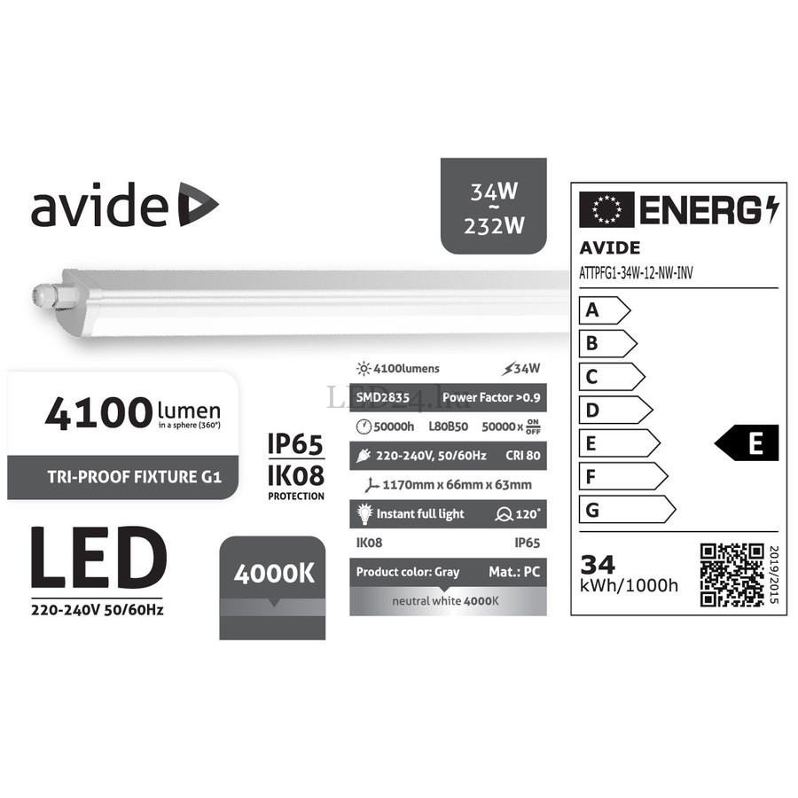 Avide LED PPBK (por-és páramentes) G1 armatúra + inverter, 34W, 4100 lm